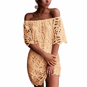 PRETTYGARDEN Women's Summer Off Shoulder Vintage Floral Lace Flare Short Sleeve Loose Elegant Mini Dress (Apricot,Medium)