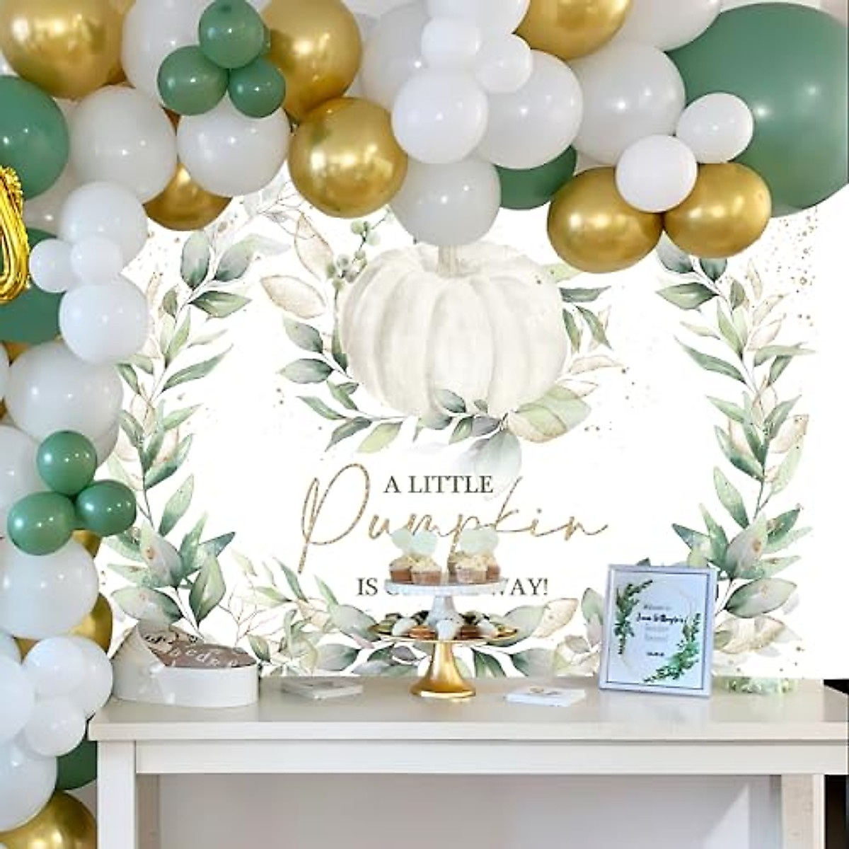Mocsicka Greenery Gold Pumpkin Baby Shower Backdrop White Pumpkin Baby Shower Background Autumn Fall Baby Shower Party Decorations Banner Photo Studio Props (7x5ft)