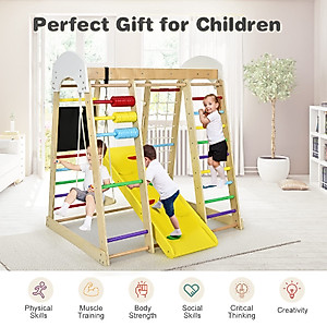 Costzon Indoor Jungle Gym, 8-in-1 Montessori Climbing Toys for Toddlers with Slide, Climbing Rock/Net, Monkey Bars, Wooden Playground Climber Playset for Kids Gifts Presents