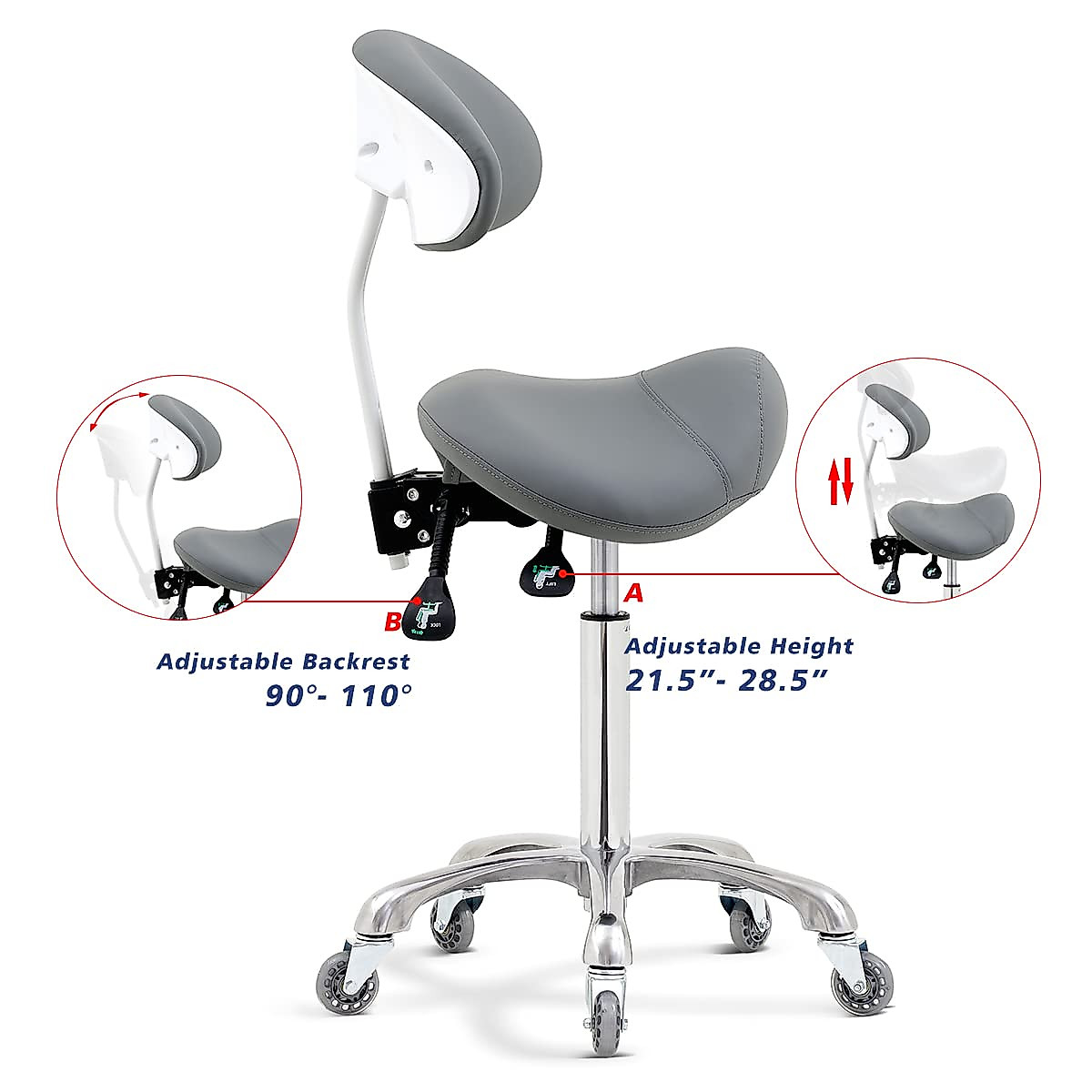 Saddle Stool Rolling Chair with Back Support,Esthetician Tattoo Dental Stool Chair,Lash Chairs for Eyelash Tech Massage Salon(Grey,with Backrest)