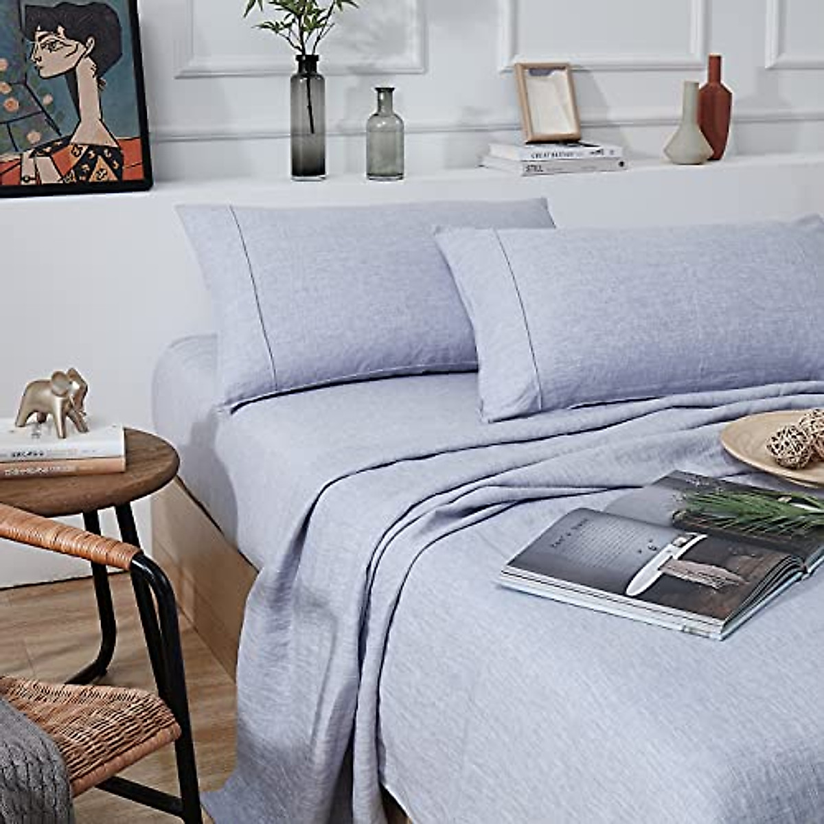 Berklan Linen Sheets King 100% French Natural Linen with Stone Washed 16 Inch Deep Pocket Organic Linen Sheets 200GSM Ultra Breathable(1 Flat 1 Fitted Sheet and 2 Pillowcases Blue King)