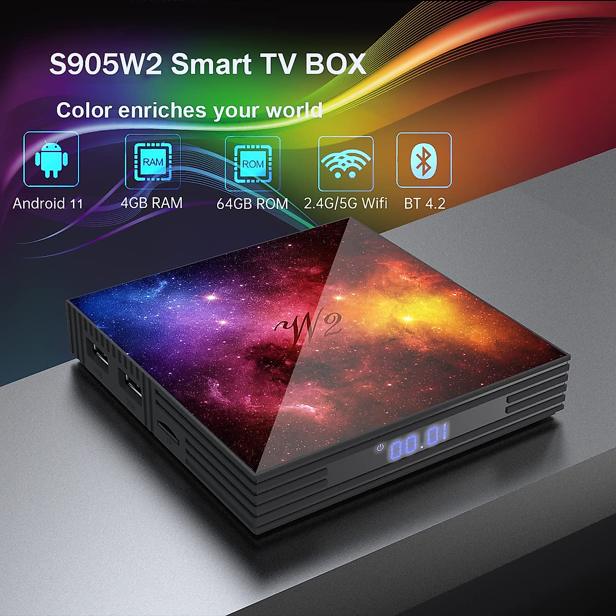 Android 11 TV Box 4GB RAM 64GB ROM W2 Mali-G31 Smart Set Top Box Builtin 2.4G/5G WiFi Bluetooth 4.2, Media Player Support 3D 4K UHD Videos, with Wireless Mini Keyboard