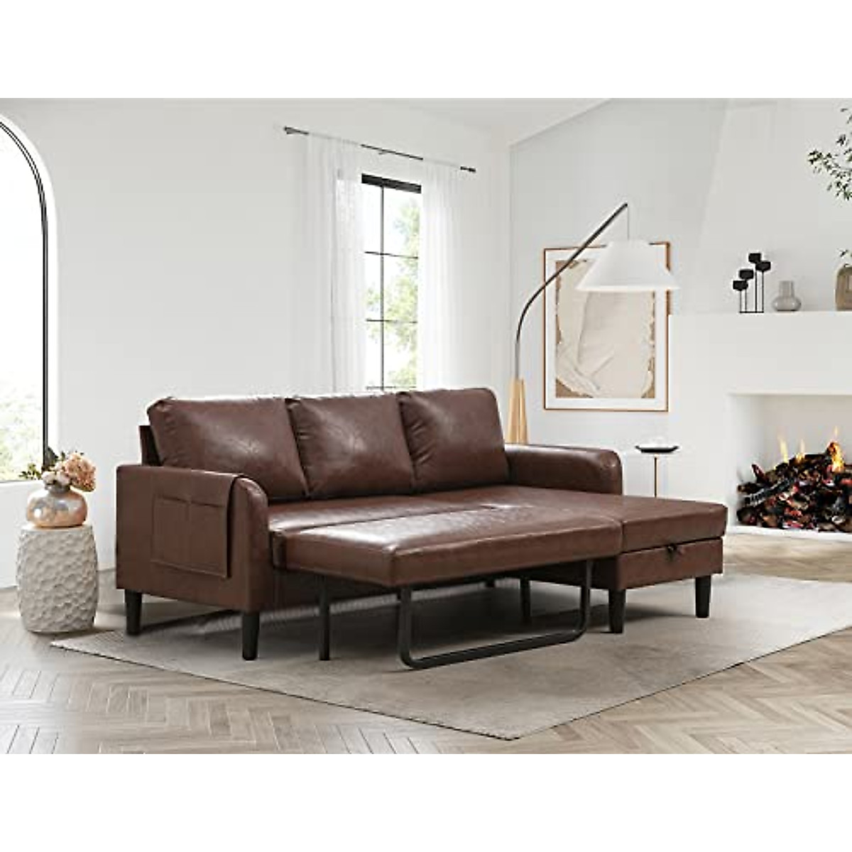 PU Leather Pull Out Sleeper Sofa Bed with Chaise, Comfy L Shaped Convertible Sleeper Couch with Storage and Pocket, Sectional 3 Seat Couch for Living Room Furniture or Office, Smooth Back - Brown