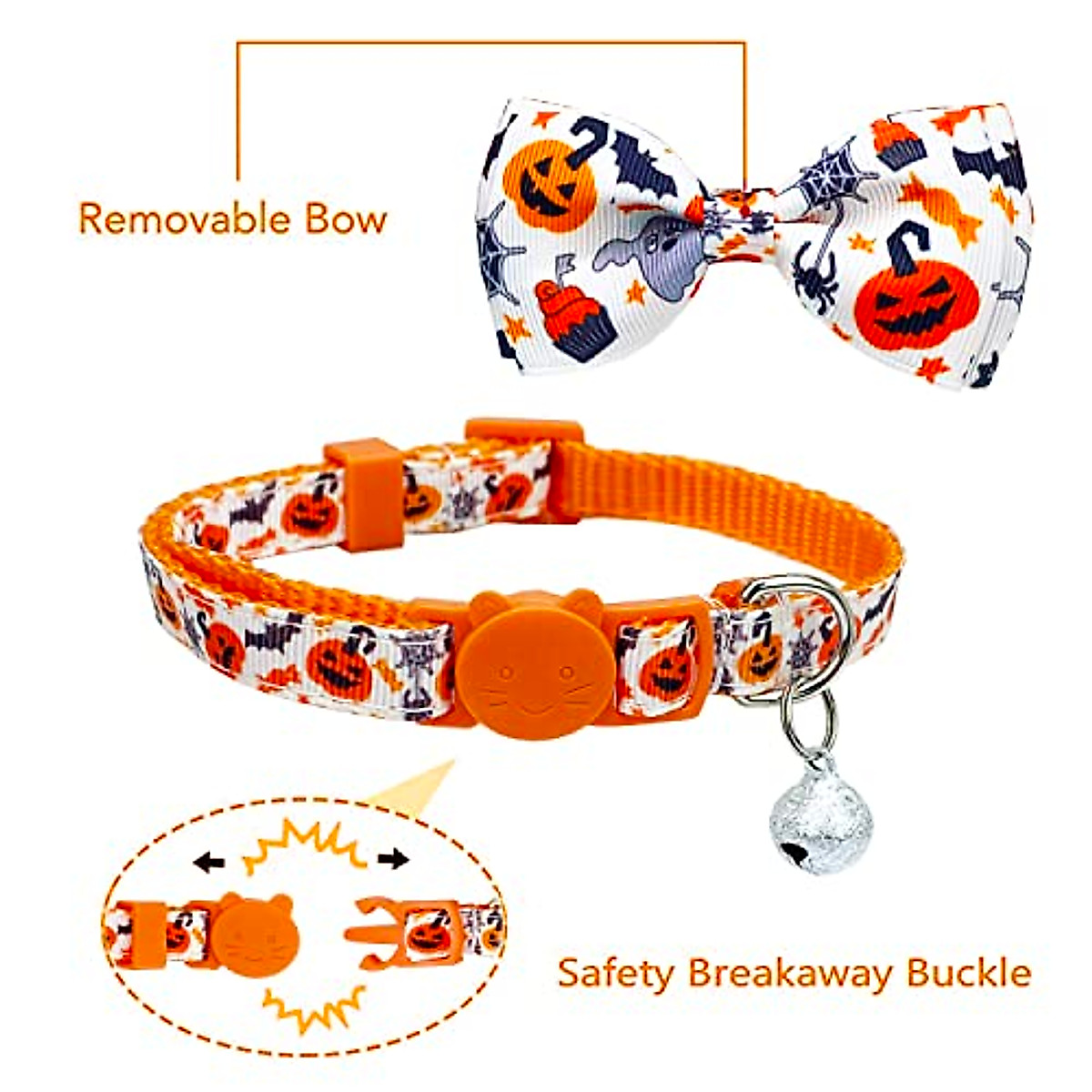 Halloween Cat Collar with Bell, Kitty Kitten Holiday Bow tie Collar Breakaway 2 Pack for Girl and Boys Male Female