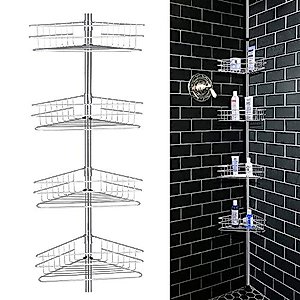 Gdrasuya10 4-Tier Bathroom Shower Shelf Rack storage basket with hook Constant Tension Corner Shower Caddy Shower Tension Pole Caddy 4-Shelf Rustproof Shower Tension Pole Caddy