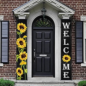 Sunflower Hanging Banners Spring Welcome Porch Banners Flags Fall Door Banners Flag Summer Hanging Banner for Front Door Garden Home Yard Sunflower Party Decorations (Black Background)