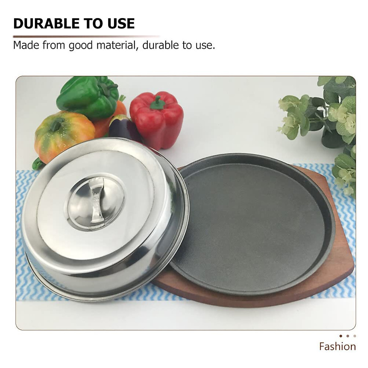 Cabilock Cast Iron Steak Plate Metal Sizzle Griddle with Wooden Base and Cover Foodservice Platter Steak Pan Grill Server Plate for Household Restaurant