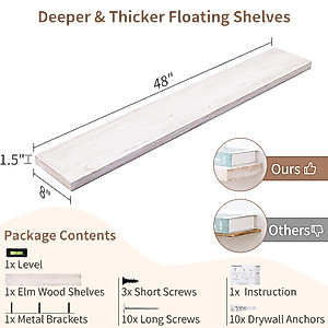 Axeman Floating Shelves for Wall, Rustic Elm Wood 48''W x 8" D Wall Shelf with Invisible Bracket, Large Long Wall Mounted Storage Shelves for Living Room, Bedroom, Kitchen, Bathroom Decor, White Wash