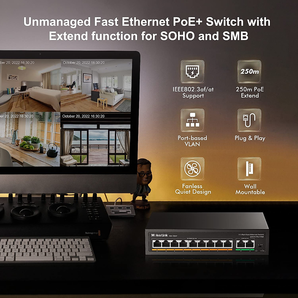 MokerLink 11 Port PoE Switch with 9 Port PoE+, 2 Fast Ethernet UpLink, 10/100Mbps, 120W 802.3af/at PoE, Fanless Plug & Play Network Switch