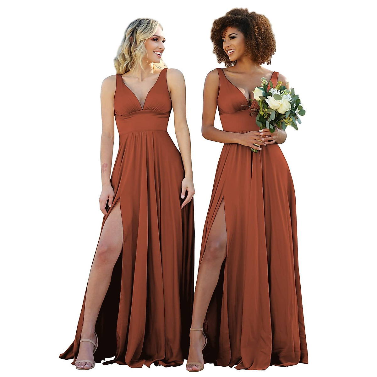 Yoreuoia Custom Women 's Bridesmaid Dresses Plus Size with Pocket Double V Neck Chiffon Maid of Honor Dress for Wedding Guest Rust US20W