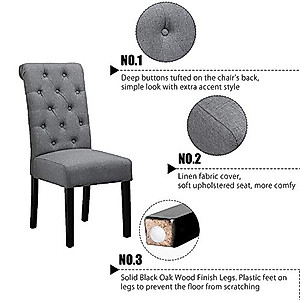 HomeSailing Modern 2 Grey Dining Room Chairs Set Only Kitchen Chairs Button Tufted with Fabric Upholstered Padded for Accent Restaurant with Solid Black Legs