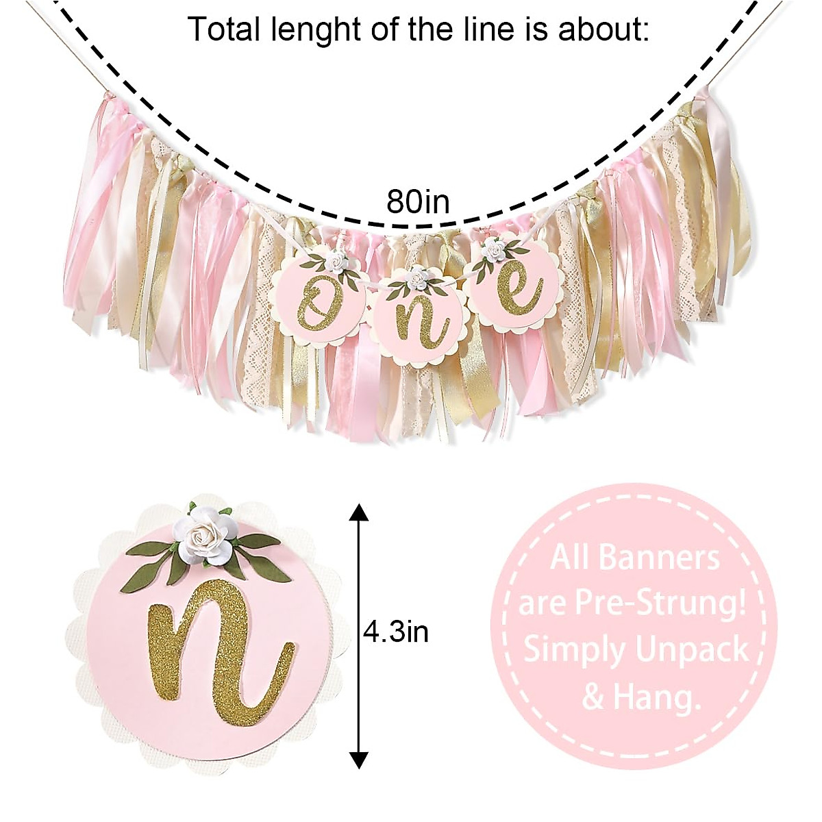 Pink Golden Floral High Chair Banner - Rose 1st Birthday Highchair Banner, Girls’ 1st Birthday Decoration, Pink First Birthday Decor, One High Chair Banner, 1st Birthday Party Decorations for Girls,