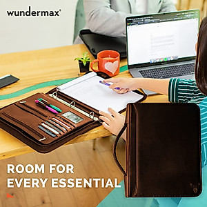 Wundermax 13x10.7x1.9in Vegan Leather Padfolio for Men/Women with Handle, Zipper, Notepad, Detachable Binder, Tablet Pocket - Brown