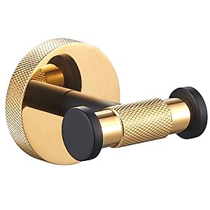 SENMY Designer Luxury Shiny Gold Knurled Matte Black PVD Finish, Solid Brass Construction, Double Towel Hook, Rustproof, Heavy Duty Door Hanger Robe Closet Corrosion-Proof Wall Mount Bathroom Kitchen