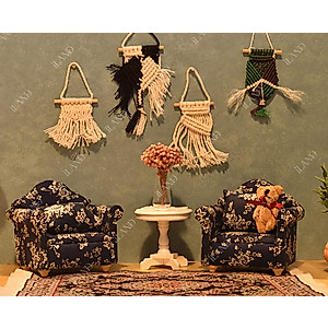 iLAND Dollhouse Furniture on 1/12 Scale for Dollhouse Living Room incl Sofa w/Pillow & End Table & Rug (Blue White Floral Armchairs Set)