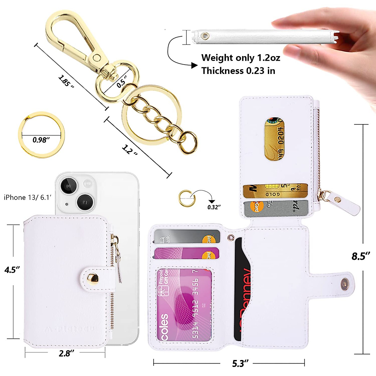 M-Plateau Off white Keychain Wallet, Wallet Women with Circle Coin Purse Keychain and Zipper Card Case,Trifold Leather wallet with ID Window Gift For Women (White)