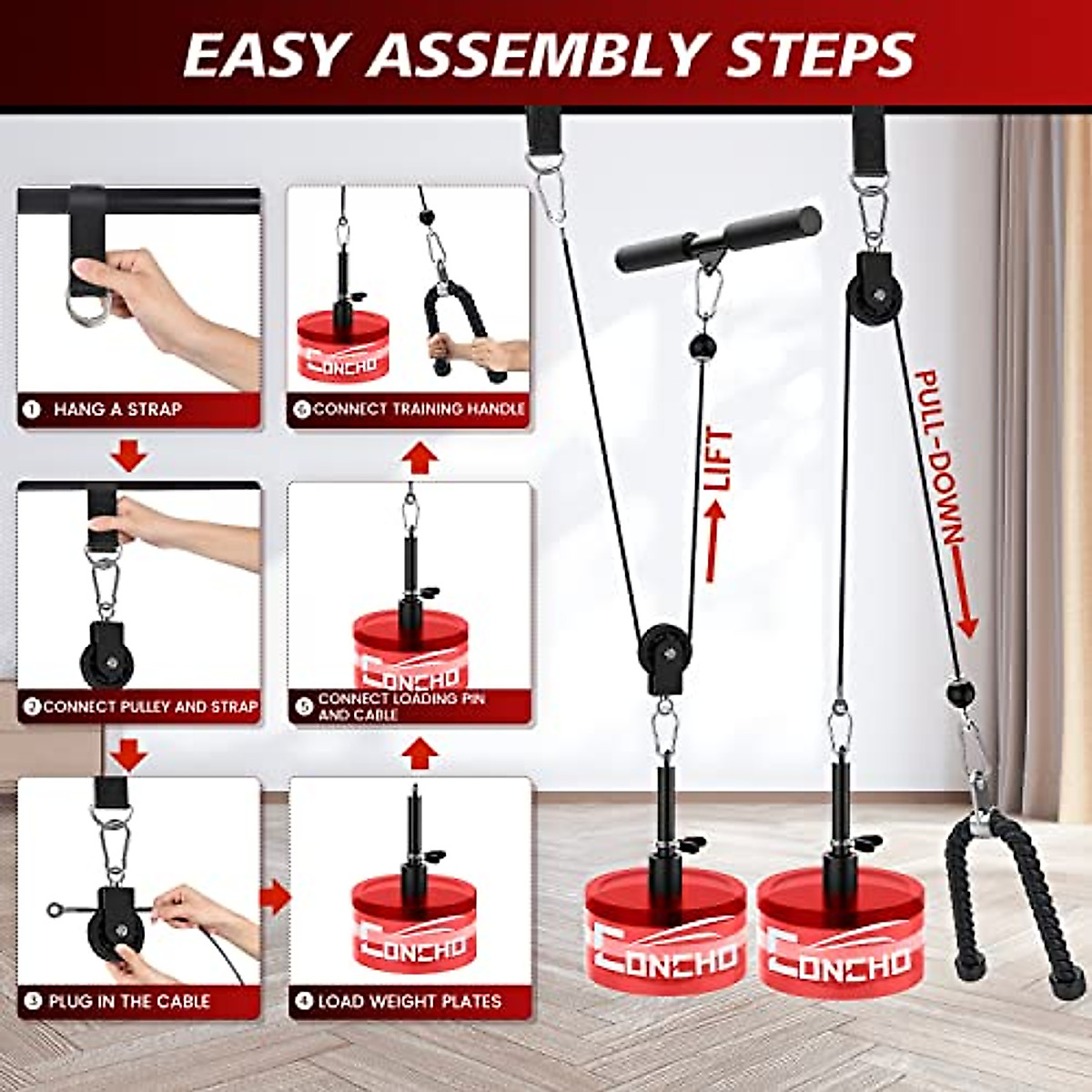 Concho Cable Pulley System Gym, Upgraded Weight Pulley System with 3 Detachable Handles, LAT and Lift Pulley Attachments for Biceps Curl, Triceps, Chest Workout - DIY Home Gym Fitness Equipment