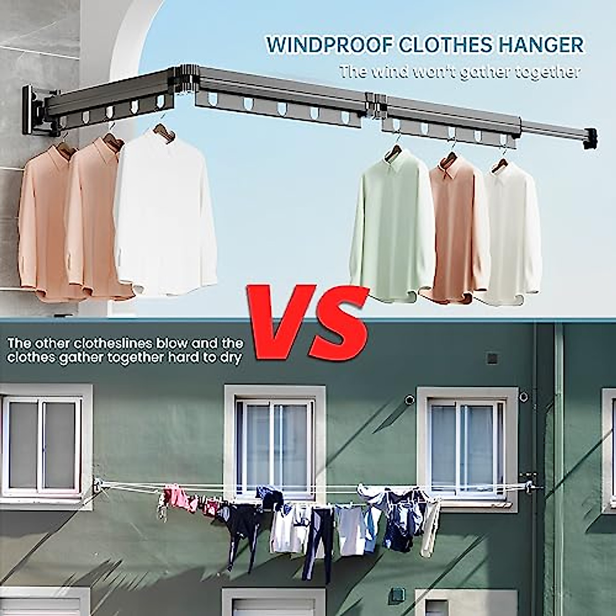 AEVXKHI Retractable Clothes Drying Rack Wall Mounted Clothes Hanger Rack Space Saver Wall Laundry Drying Rack Rustproof Collapsible Clothes Rack for Balcony Patio (2-fold)
