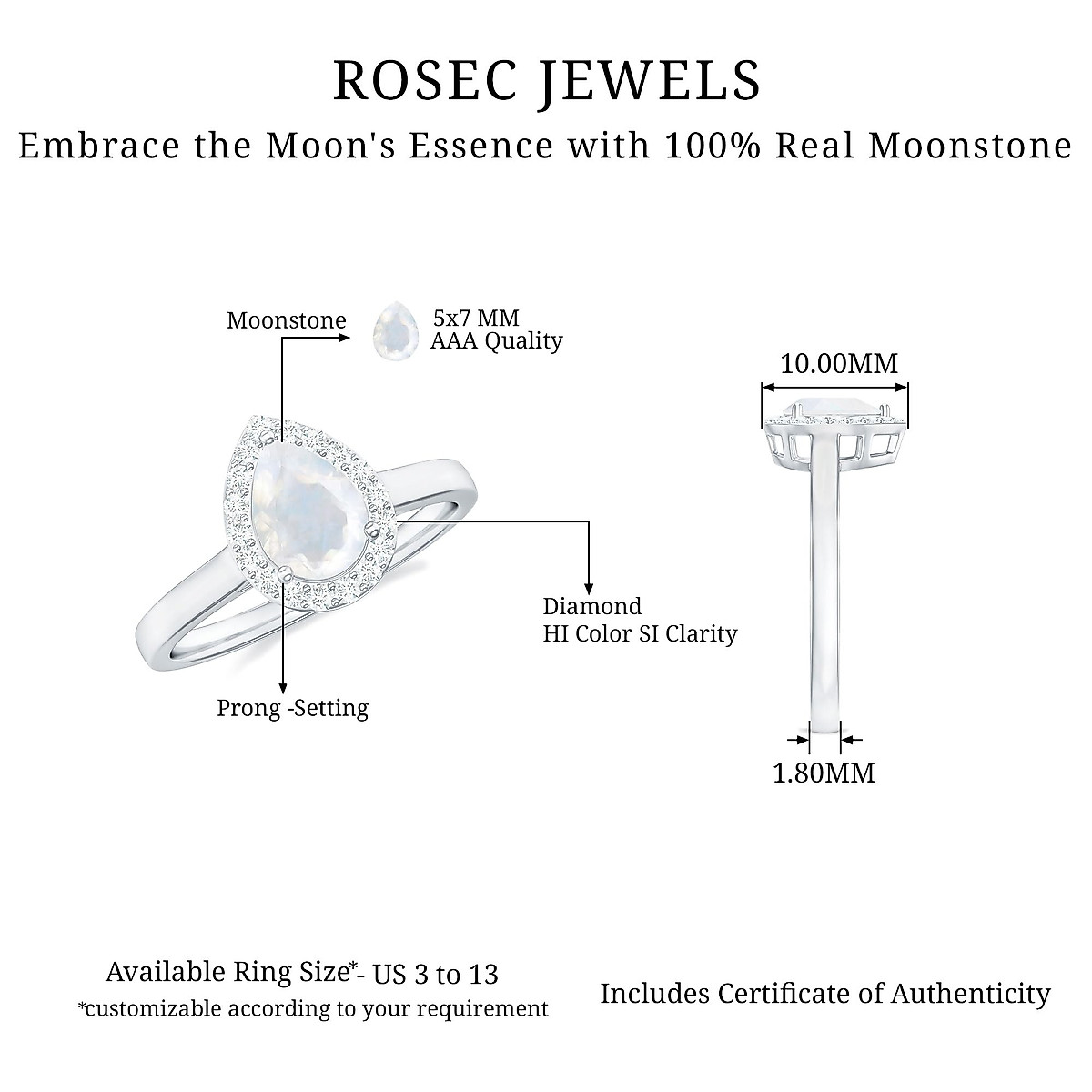 Natural Certified 5X7 MM Moonstone Halo Engagement Ring with Diamond, AAA Quality (With Ready To Gift Jewelry Box), 14K White Gold, Size:US 6.50