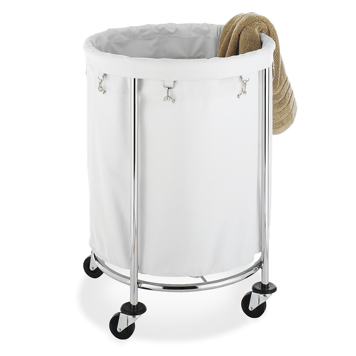 Whitmor Round Commercial Removable Liner and Heavy Duty Wheels-Chrome Laundry Hamper, Silver and White