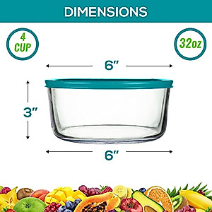 Klareware 4 Cup Glass Food Storage Containers Stackable Meal Prep Lunch Bento or leftover salad bowls Dish w BPA Free Lids (Turquoise)