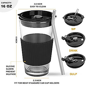 Glass Tumbler with Lid and Straw, Leakproof Glass Cups with Lids and Straws, 3-Way to Drink Drinking Glasses, Iced Coffee Cup Silicone Sleeve Smoothie Cup, Boba Cup for Travel Office Picnic (black)