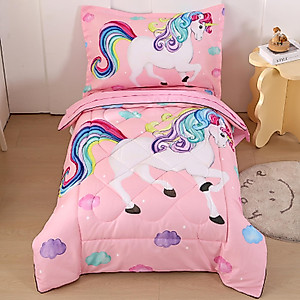 Wowelife Unicorn Toddler Bedding Set for Girls, Rainbow 4 Piece Toddler Bed Sheets Sets Pink Toddler Comforter Set Kids Bag in A Bag with Comforter, Flat Sheet, Fitted Sheet and Pillowcase, Pink