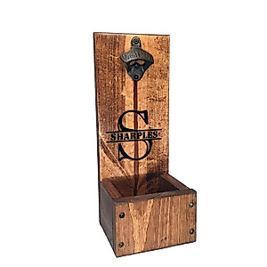 Bottle Opener with Dropbox Cap Catcher - Wall Mount or Freestanding - Laser Engraved - Personalized Christmas Gift idea for men Rustic Wood Groomsmen Gift Sets, Wedding and Anniversary Presents