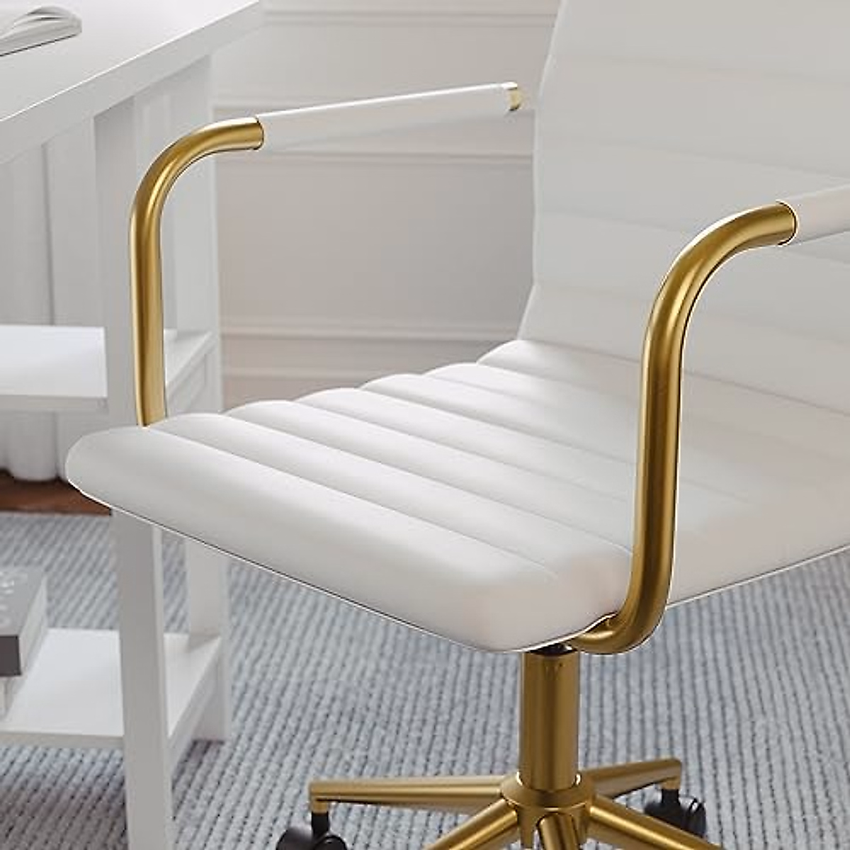 Martha Stewart Taytum Swivel Task Chair with Armrests for Home Office in White Faux Leather with Polished Brass Frame
