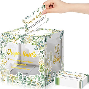 Pasimy 51 Pcs Greenery Diaper Raffle Tickets with Diaper Raffle Card Box Clear Greenery Diaper Raffle Cards Diaper Raffle Box Set Baby Shower Raffle Game Kit for Baby Shower Party Favor Decorations