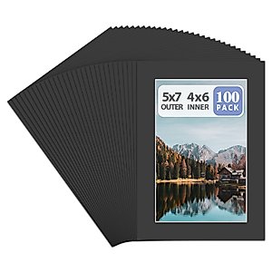 Golden State Art, Acid Free, Pack of 100, 5x7 Black Picture Mats Mattes for 4x6 Photos - White Core Bevel Cut
