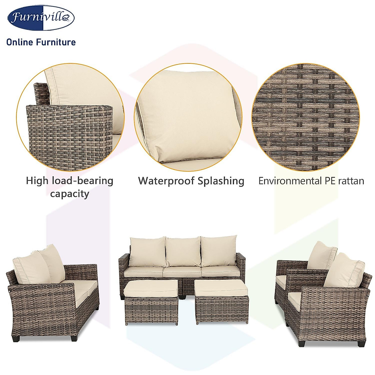 Furnivilla 6 Piece Patio Furniture Set Outdoor Patio Furniture Wicker Patio Set All Weather Wicker Rattan Patio Set Outdoor Sectional for Porch,Garden,Backyard (Brown-Grey)