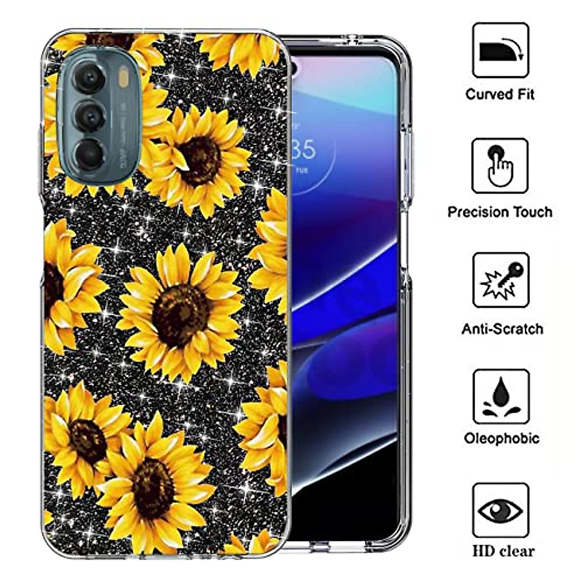 DDTKZC for Moto G Stylus 5G 2022 Phone Case，Moto G Stylus 5G 2022 Case Tempered Glass Protector Lustre Pattern-Sparkle 3 in 1 Clear Shockproof Case for Moto G Stylus 5G 2022 (Yellow Sunflower)