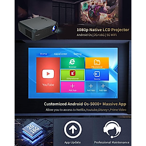 Android 4K Projector Outdoor with 5G WiFi Bluetooth, Native 1080p Home Theater Daytime Projector Auto Keystone, 2+16G Smart Streaming Proyector For Netflix,TV Stick,PS5,DVD,HDMI,USB,PPT