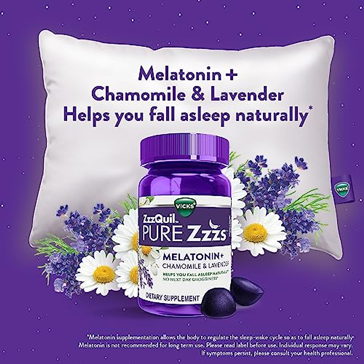 ZzzQuil PURE Zzzs, Melatonin Sleep Aid Gummies with Lavender, Valerian Root and Chamomile, Natural Wildberry Vanilla Flavor, Non-Habit Forming, Drug-Free, 48 Count