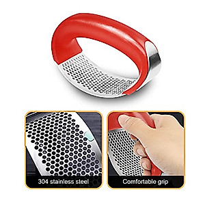 KUFUNG Garlic Press, Garlic Mincer Premium Garlic Press Rocker Garlic Press Stainless Steel, Arc Shape Design Garlic Crusher With Comfortable Grip (Red, M)
