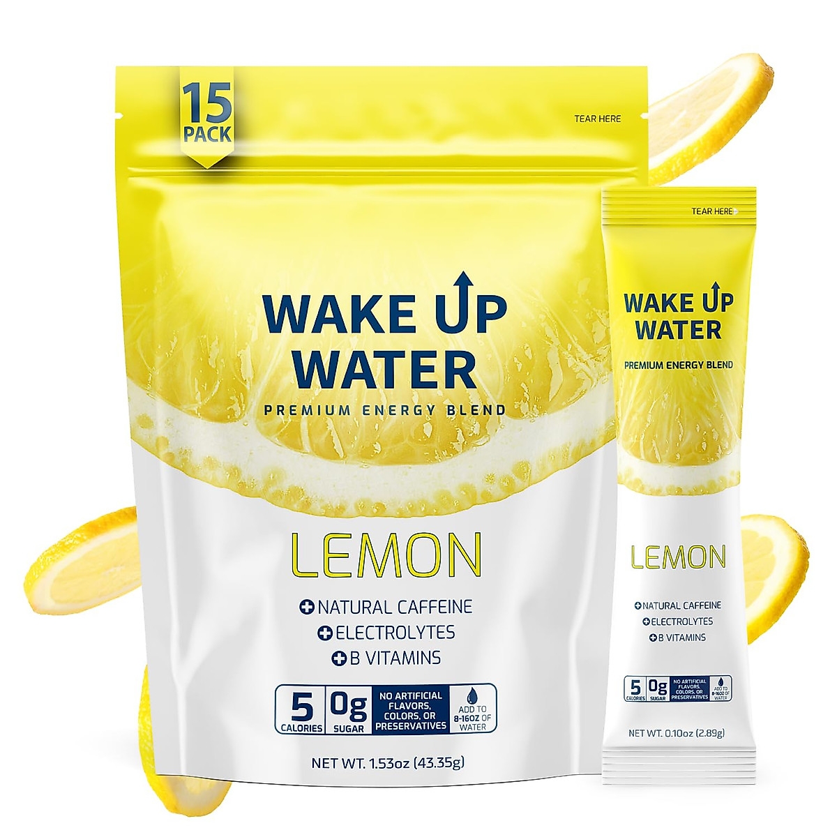Wake Up Water - Energy + Hydration Sugar Free 15 Packet, Lemon Flavor - Energy Drink Powder, Electrolytes Powder Drink, Natural Caffeine Mix Packet, B Vitamins, 5 Calories, Gluten Free - .10 oz (2.9g)