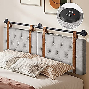 GREENSTELL Wall Mount Headboard with USB for King Size Bed, Linen Fabric Headboard Only, Industrial Pipe Modern Style, Gray Hanging Head Boards, Durable, Comfortable, Button Upholstered for Bedroom