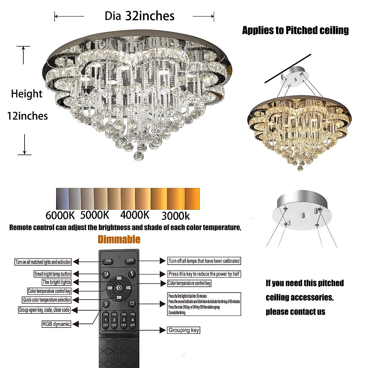 W32inches Modern Raindrop Crystal Chandeliers Flush Mount Ceiling Chandeliers for High Ceiling Entrance Foyer Bedroom Dining Room Living Room LED Dimming 2700k 4500k 6000k Contemporary Chandelier