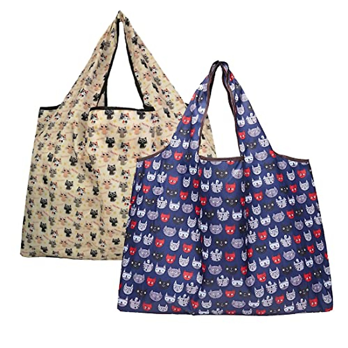 ZEWZE Reusable Shopping Bag, Foldable, Washable Grocery Tote with Pouch, environmental protection, light, small and portable (Cat (blue)+Cat (yellow))