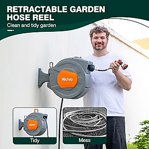 Retractable Garden Hose Reel Wall Mount, Nichro 1/2"×100ft Automatic Garden Hose Reel with Cover, 10 Pattern Hose Nozzle, Auto Rewind/Any Length Lock/Optional Installation Modes