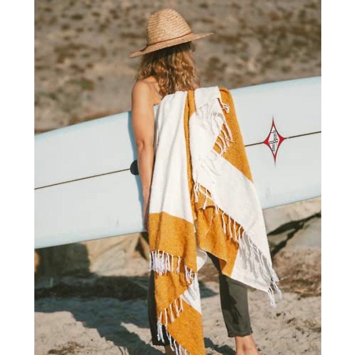 Sundream Supply Mexican Blanket - Thick Authentic Handwoven Beach Blanket, Perfect Outdoor Serape Throw for Picnics Yoga & Camping, Soft Home Decor Falsa Throw, Modern Baja Blanket (Gold & Cream)