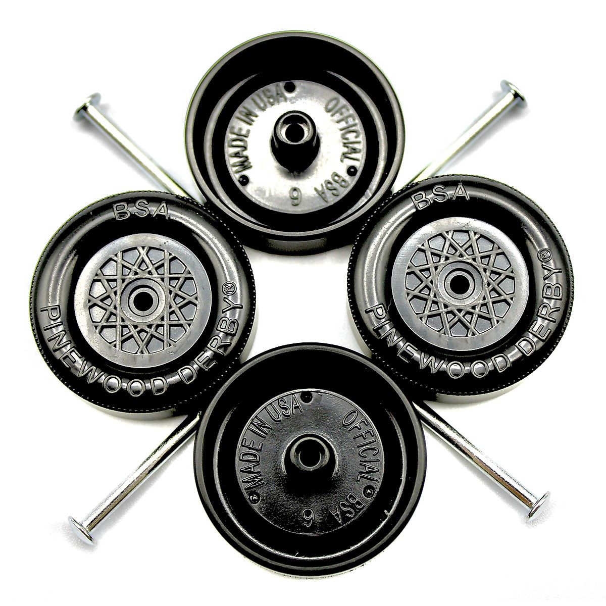 Pine Derby Car BSA Speed Wheels and Axles Kit | Professionally Lathed | Pinewood Car Wheels
