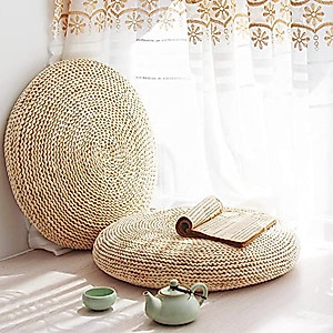 Knitted Straw Flat Seat Cushion, 15.7inch Round Pouf Tatami Cushion Floor