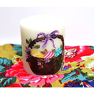 Handmade Decorative Short Pillar Candle with Hand Painted Easter Basket and Vines Spring Decorations Springtime Decor