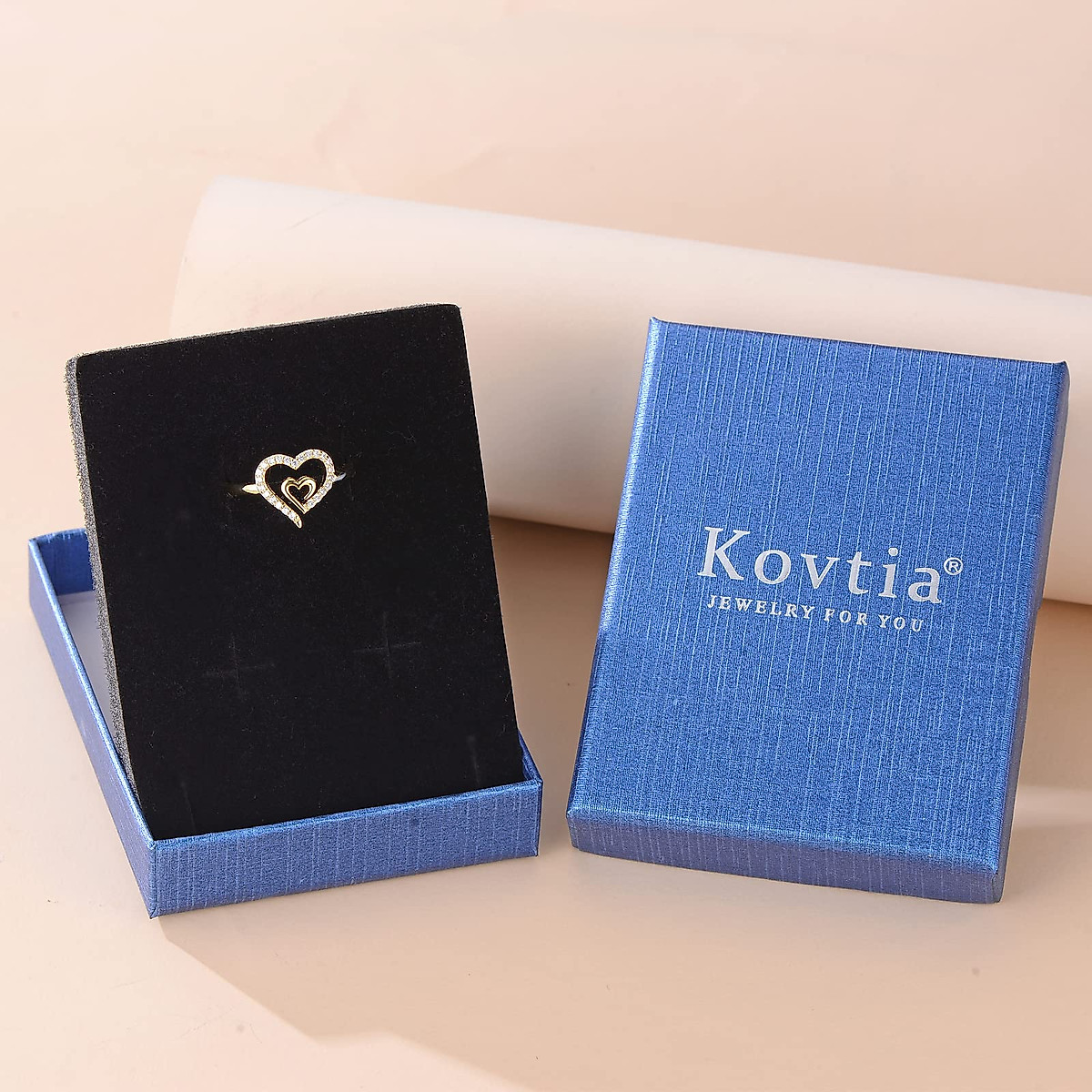 Gold Double Heart Ring for Women Delicate 14K Gold Plated Heart in Heart Wedding Jewelry Promise Love Ring for Her Gift (Gold, 7)