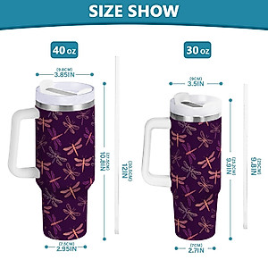Emelivor Dark Purple Dragonflies 40 oz Tumbler with Lid and Straw Insulated Tumblers with Handle Leak Proof Coffee Tumbler Mug Large Water Bottles for Hot or Ice Coffee Tea