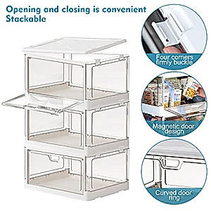 Clear Storage Bin with Lid 3 Pack 【Stackable & Sturdy】Plastic Bins for Storage, Multifunctional Folding Storage Bins for Bedroom, Living Room, Study, Toy Room, 22 QT Folding Box with Magnetic door