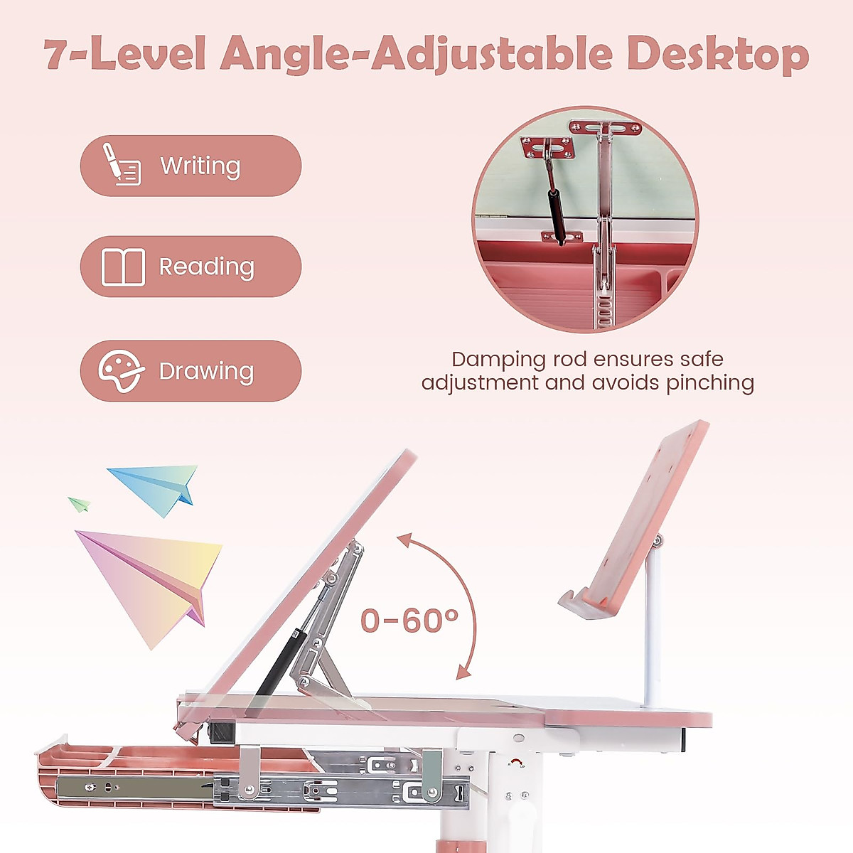 Costzon Kids Desk, Ergonomic Height-Adjustable Children Study Table w/Tiltable Desktop & Book Stand, Pull-Out Storage Drawer & Scale Ruler, Student Workstation for Writing, Drawing, Reading (Pink)
