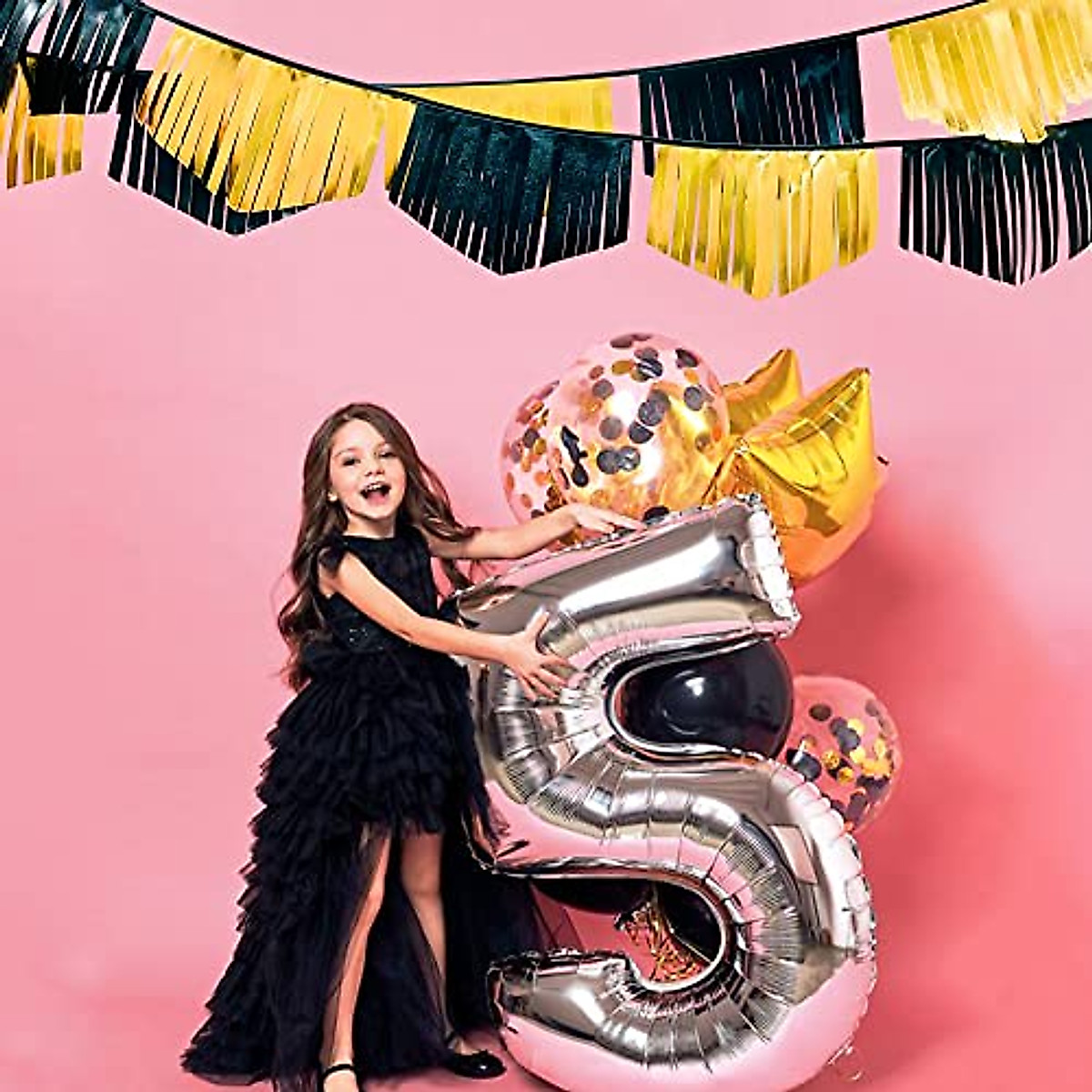 Black and Gold Tassel Banner Double Sided Metallic Fabric Pennant Bunting Flag Garland for Graduation Anniversary Bachelorette Birthday Engagement Wedding Bridal Shower Hen Party Decorations Supplies